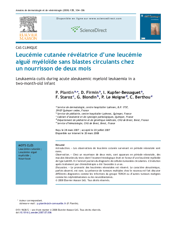 (PDF) Leucémie cutanée révélatrice d’une leucémie aiguë myéloïde sans ...