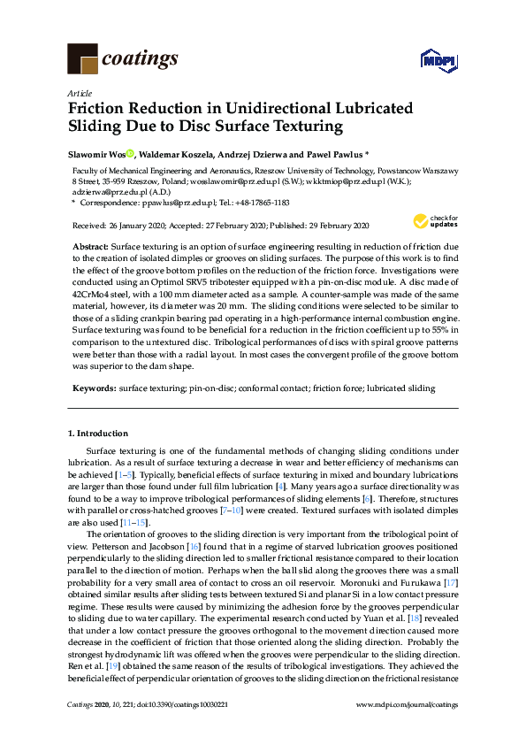 (PDF) Friction Reduction in Unidirectional Lubricated Sliding Due to ...