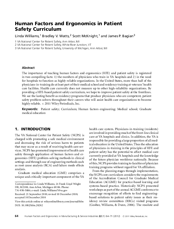 (PDF) Human factors and ergonomics in patient safety curriculum
