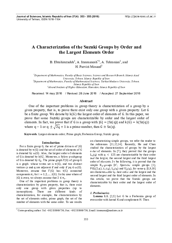 (PDF) A Characterization of the Suzuki Groups by Order and the Largest ...