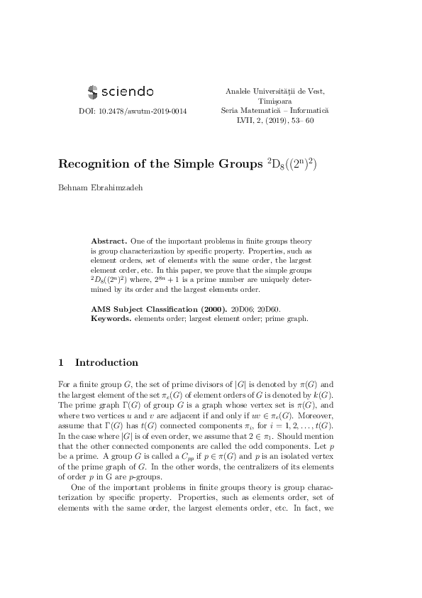 (PDF) Recognition of the Simple Groups 2D8((2n)2)