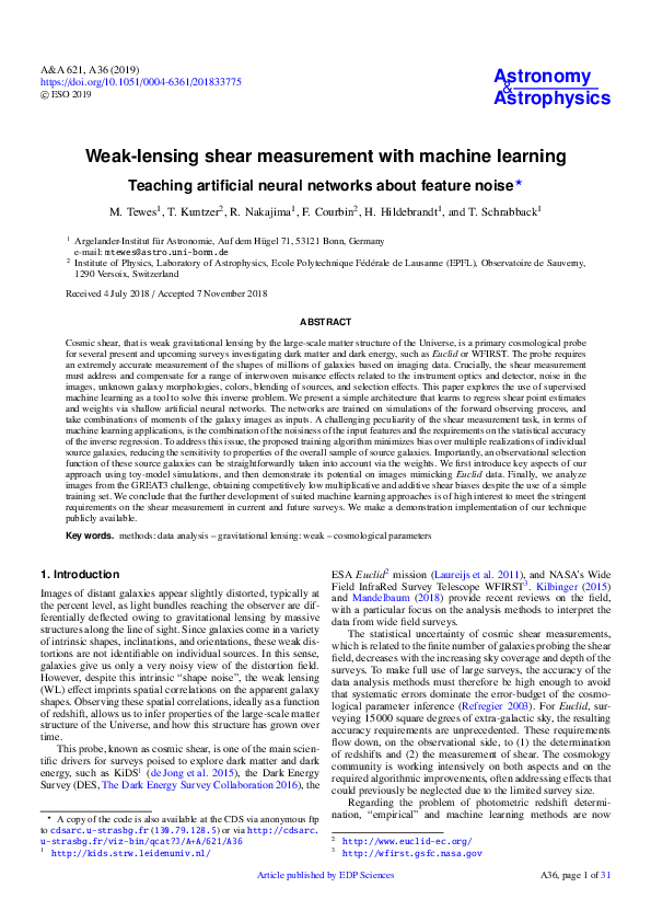 (PDF) Weak-lensing shear measurement with machine learning | Reiko ...