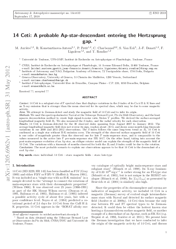 (PDF) 14 Ceti: a probable Ap-star-descendant entering the Hertzsprung gap
