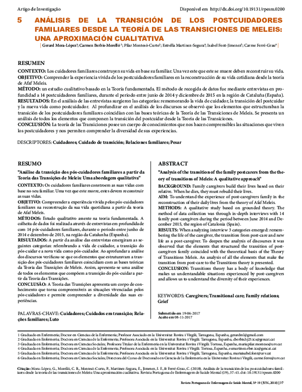 (PDF) Análisis De La Transición De Los Postcuidadores Familiares Desde La Teoría De Las ...