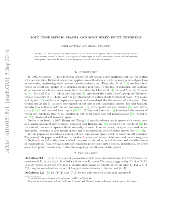 Pdf Soft Cone Metric Spaces And Some Fixed Point Theorems