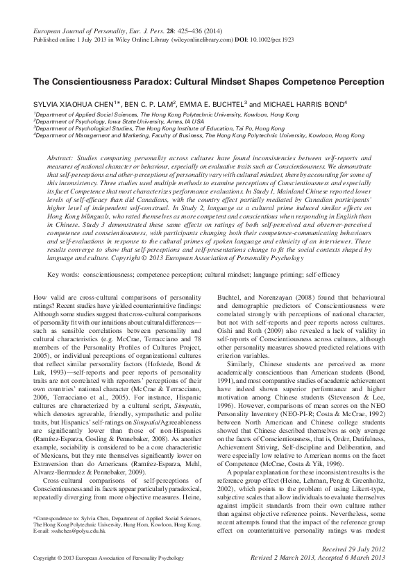 (PDF) The Conscientiousness Paradox: Cultural Mindset Shapes Competence ...