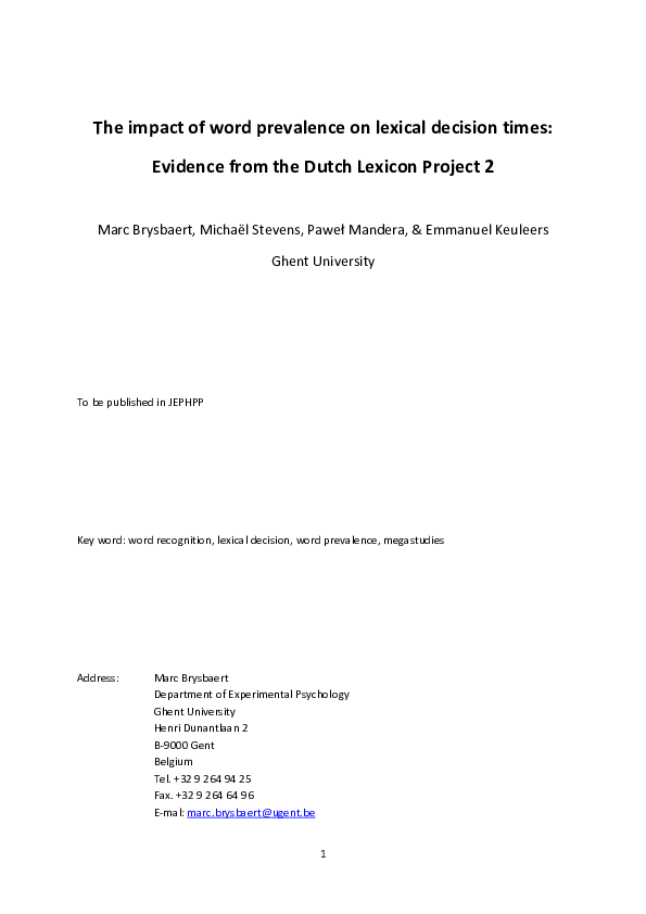 (PDF) The Impact of Word Prevalence on Lexical Decision Times: Evidence ...