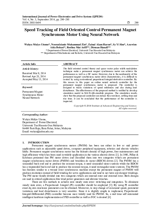 Pdf Speed Tracking Of Field Oriented Control Permanent Magnet Synchronous Motor Using Neural