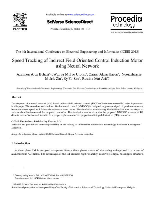 Pdf Speed Tracking Of Indirect Field Oriented Control Induction Motor Using Neural Network 3579