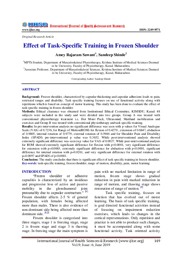 (PDF) Effect of Task-Specific Training in Frozen Shoulder | sandeep shinde - Academia.edu