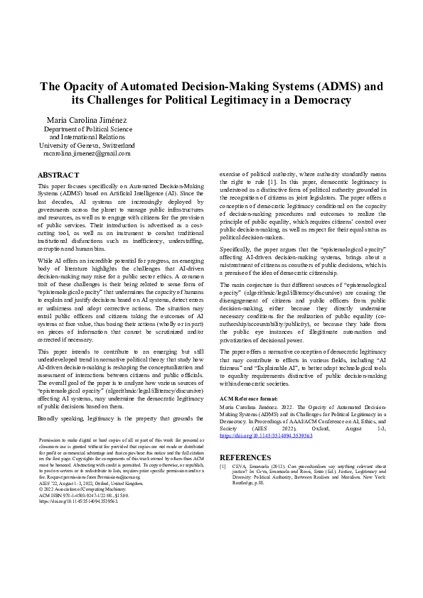 (PDF) The Opacity of Automated Decision-Making Systems (ADMS) and its ...