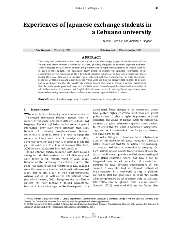 (PDF) Experiences of Japanese exchange students in a Cebuano university