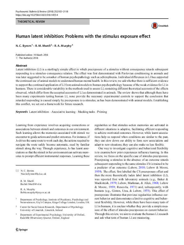 (PDF) Human latent inhibition: Problems with the stimulus exposure effect