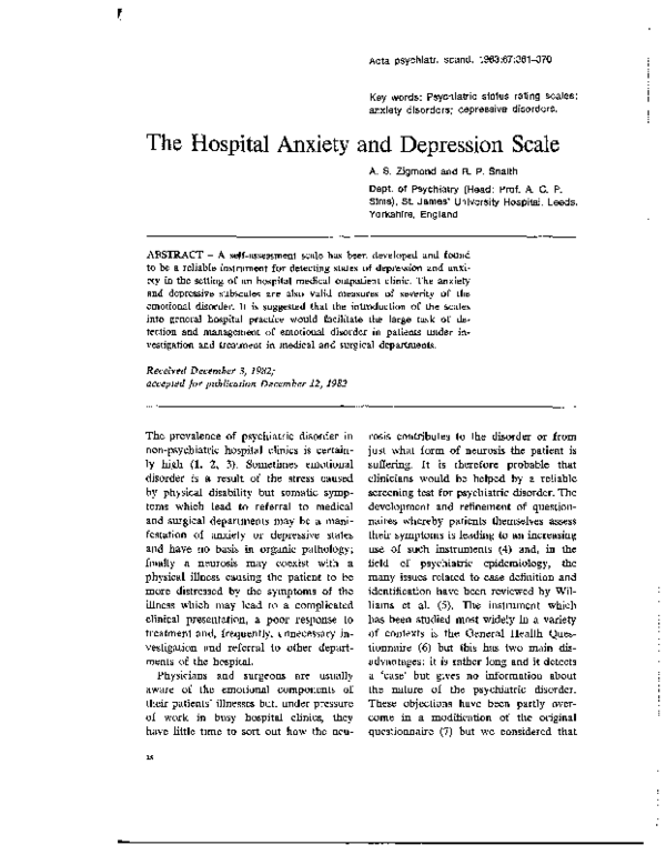 (PDF) The Hospital Anxiety and Depression Scale