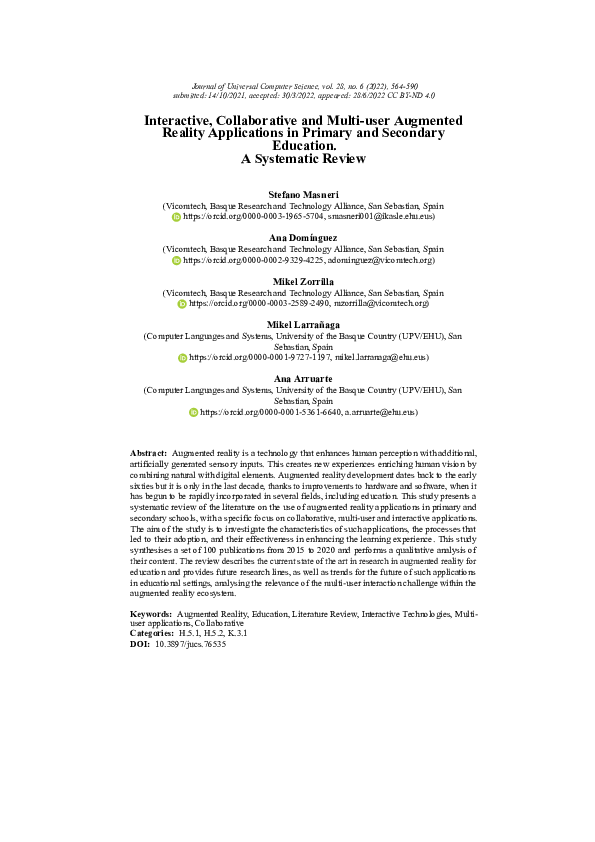 (PDF) Interactive, Collaborative and Multi-user Augmented Reality Applications in Primary and ...