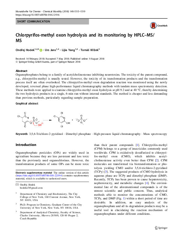 (PDF) Chlorpyrifos-methyl oxon hydrolysis and its monitoring by HPLC–MS/MS