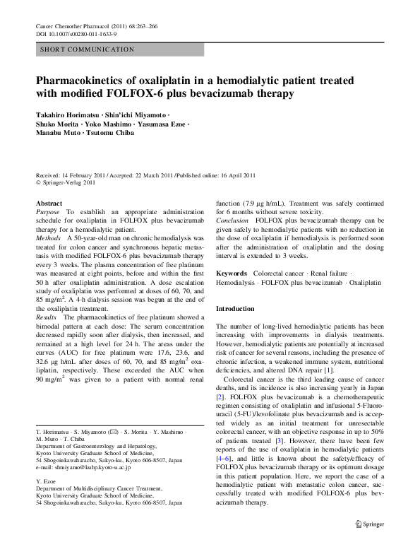 (PDF) Pharmacokinetics of oxaliplatin in a hemodialytic patient treated ...