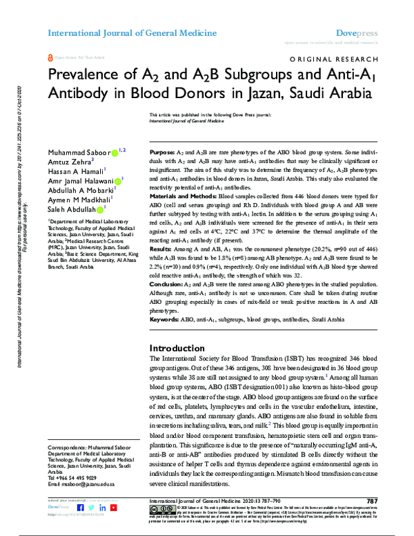 (PDF) Prevalence of A2 and A2B Subgroups and Anti-A1 Antibody in Blood ...