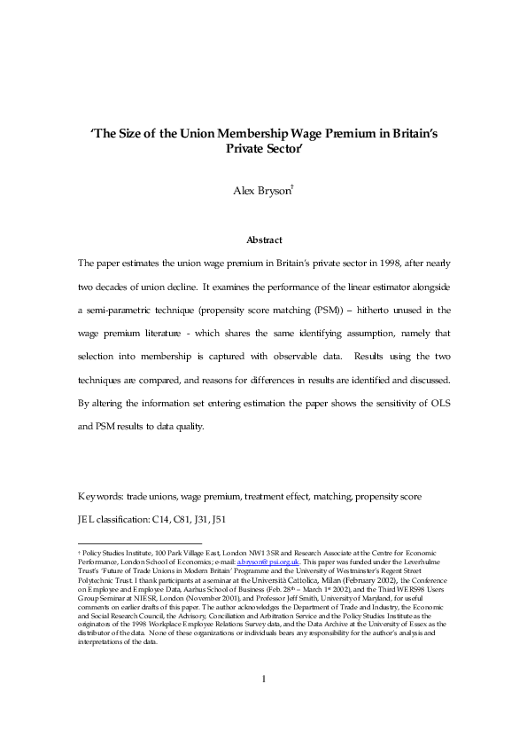 (PDF) The size of the union membership wage premium in Britain's ...
