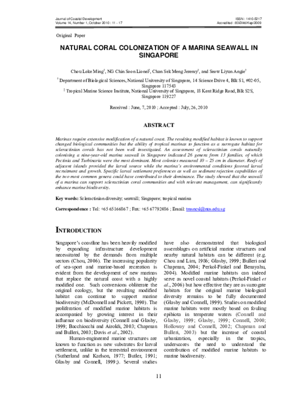 (PDF) Natural Coral Colonization of a Marina Seawall in Singapore