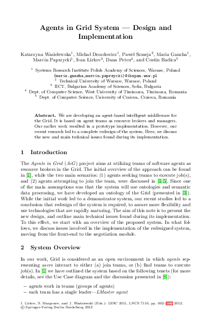 (PDF) Agents in Grid System -Design and Implementation