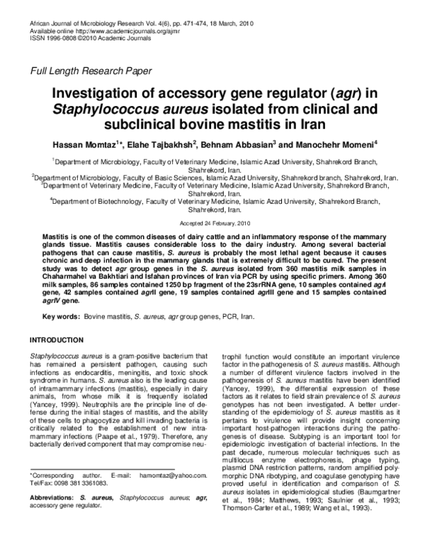 (PDF) Investigation of accessory gene regulator (agr) in Staphylococcus aureus isolated from ...