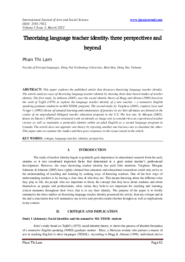 (PDF) Theorizing language teacher identity: three perspectives and beyond