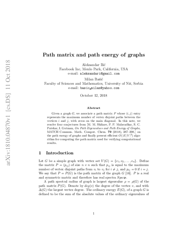 (PDF) Path matrix and path energy of graphs