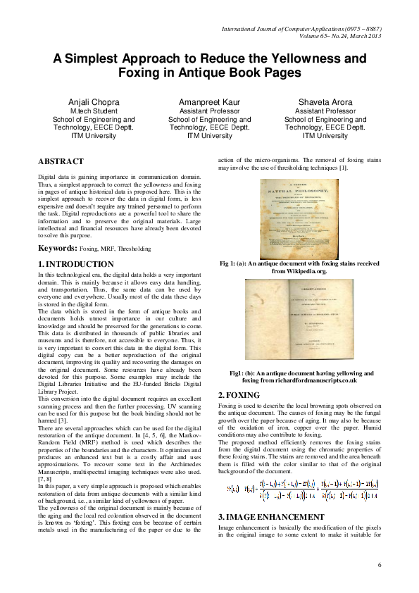 (PDF) Reducing Yellowness and Foxing in Antique Book Pages