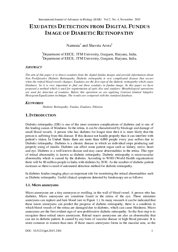 Pdf Exudates Detection From Digital Fundus Image Of Diabetic Retinopathy Shaveta Arora