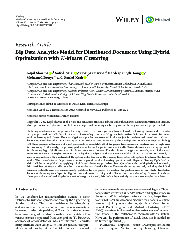 Pdf Big Data Analytics Model For Distributed Document Using Hybrid Optimization With K Means 1625