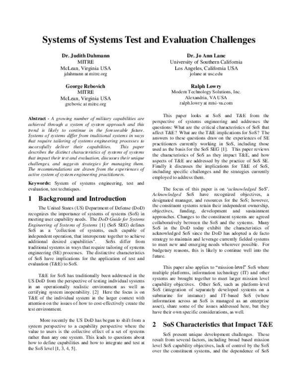 (PDF) Systems of systems test and evaluation challenges