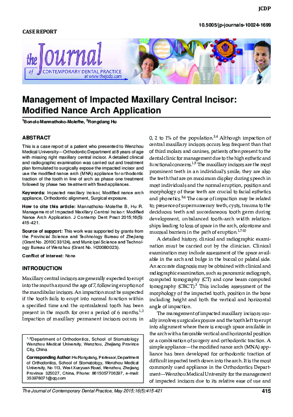 (PDF) Management of Impacted Maxillary Central Incisor: Modified Nance ...