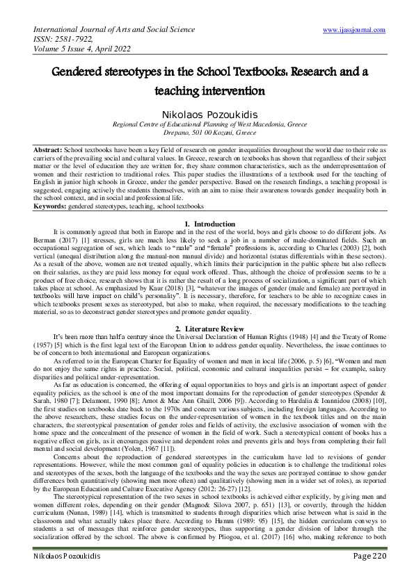 (PDF) Gendered stereotypes in the School Textbooks: Research and a ...