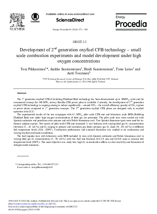 (PDF) Development of 2nd Generation Oxyfuel CFB Technology – Small ...