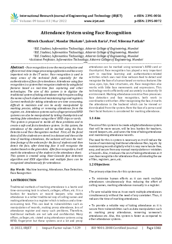 Pdf Attendance System Using Face Recognition