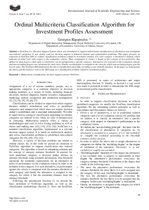 Pdf Ordinal Multicriteria Classification Algorithm For Investment