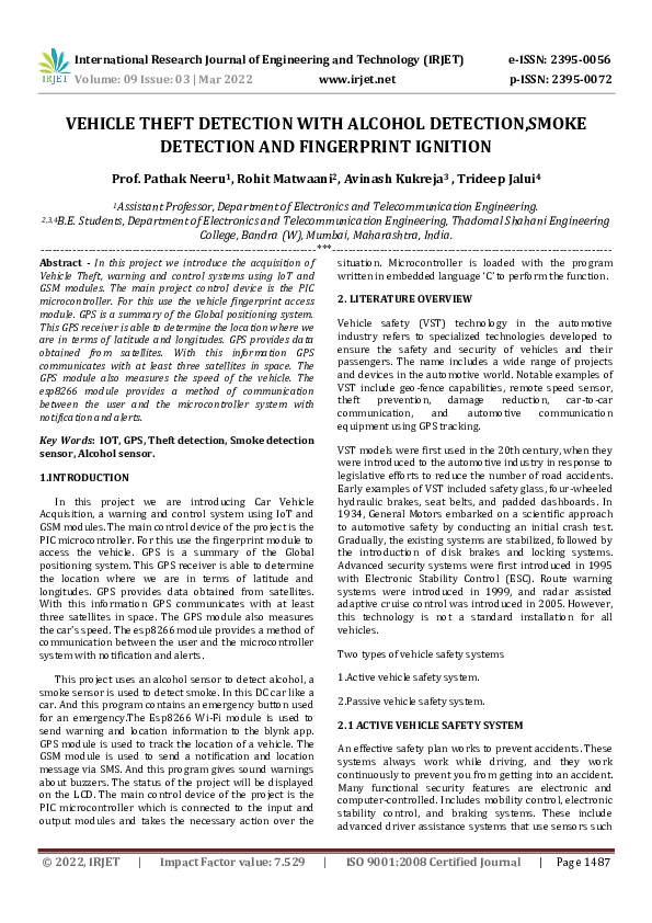 (PDF) VEHICLE THEFT DETECTION WITH ALCOHOL DETECTION,SMOKE DETECTION ...