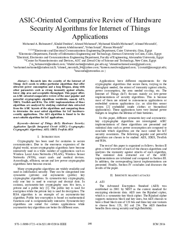 (PDF) ASIC-oriented comparative review of hardware security algorithms for internet of things ...