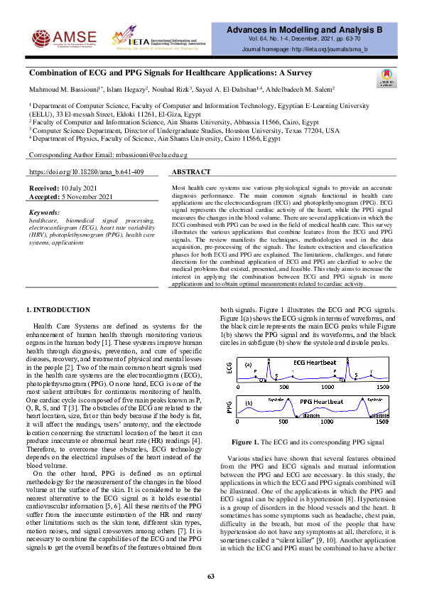 Pdf Combination Of Ecg And Ppg Signals For Healthcare Applications A Survey Nouhad Rizk