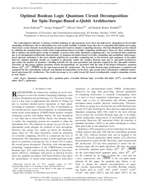 (PDF) Optimal Boolean Logic Quantum Circuit Decomposition for Spin-Torque-Based $\boldsymbol{n ...