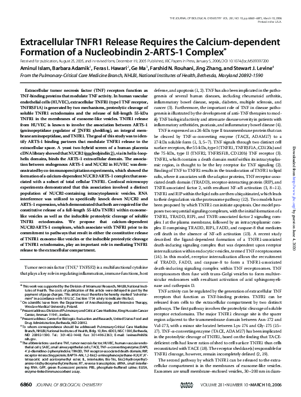 (PDF) Extracellular TNFR1 Release Requires the Calcium-dependent ...