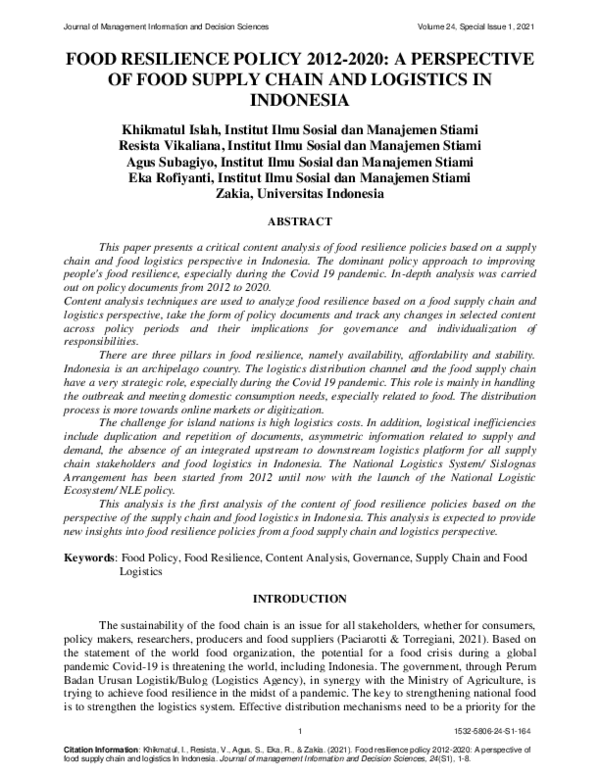 (PDF) Food Resilience Policy 2012-2020: A Perspective of Food Supply ...