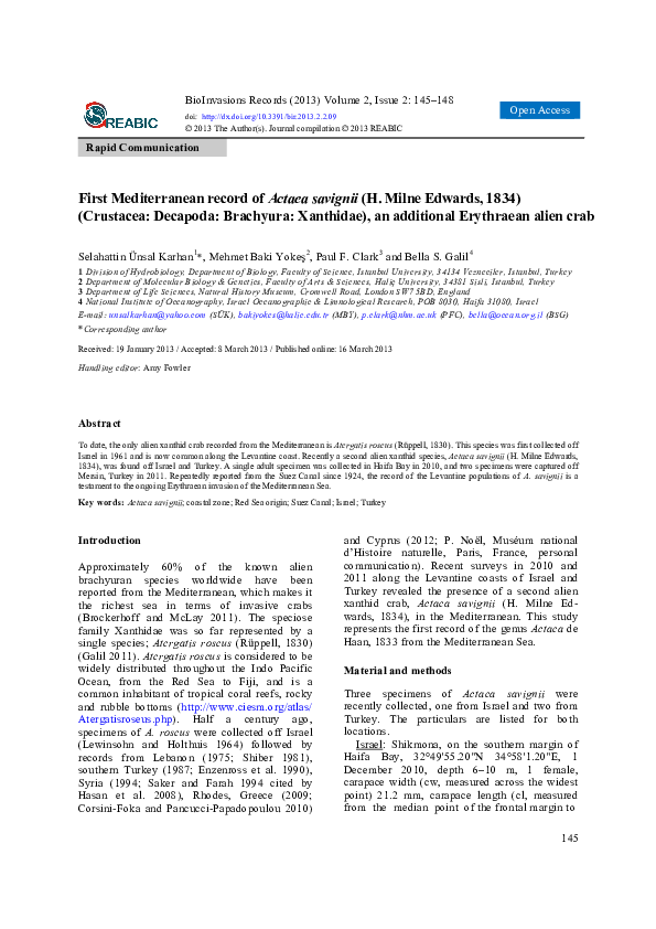 (PDF) First Mediterranean record of Actaea savignii (H. Milne Edwards ...