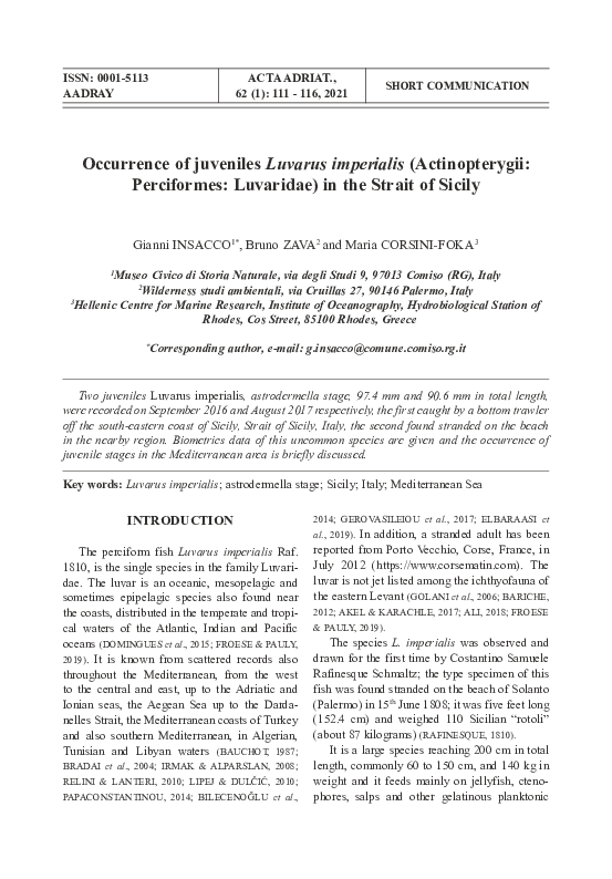 (PDF) Occurrence of juveniles Luvarus imperialis (Actinopterygii ...