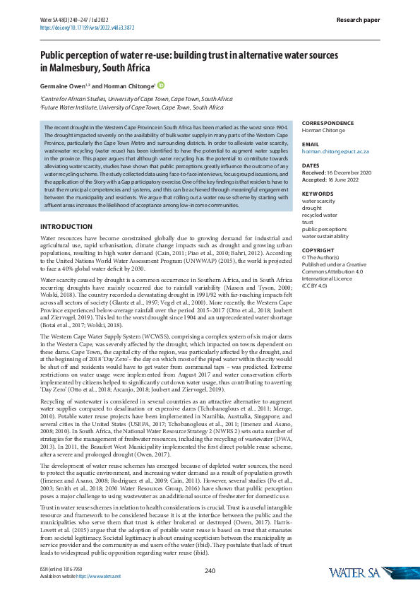 (PDF) Public perception of water re-use: building trust in alternative ...