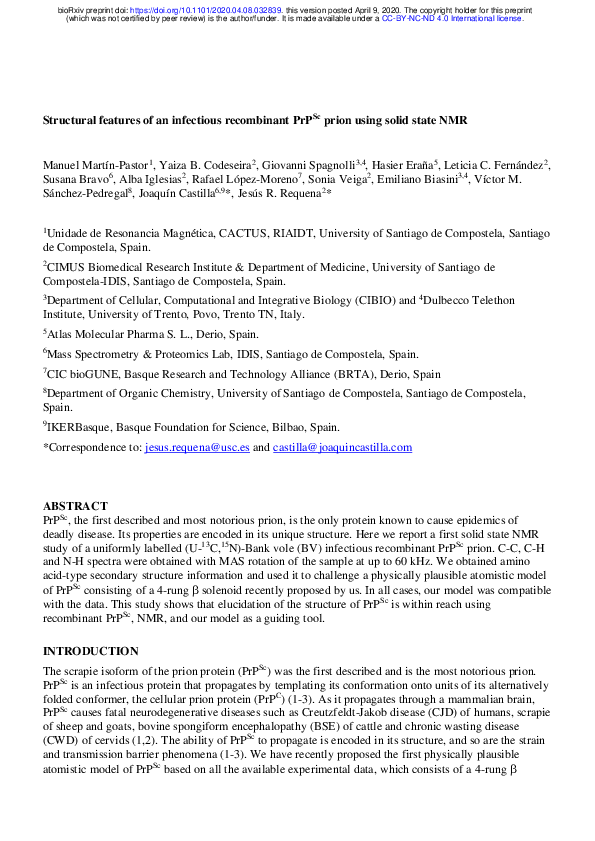 (PDF) Structural features of an infectious recombinant PrPSc prion using solid state NMR