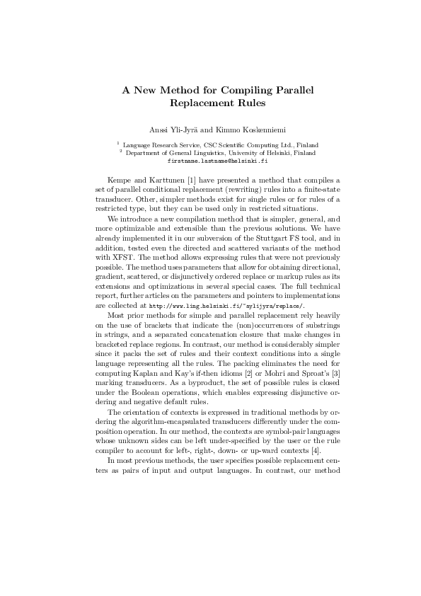 Pdf A New Method For Compiling Parallel Replacement Rules Anssi Yli Jyrä