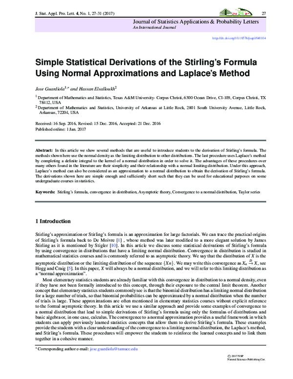 (PDF) Simple Statistical Derivations of the Stirling’s Formula Using Normal Approximations and ...