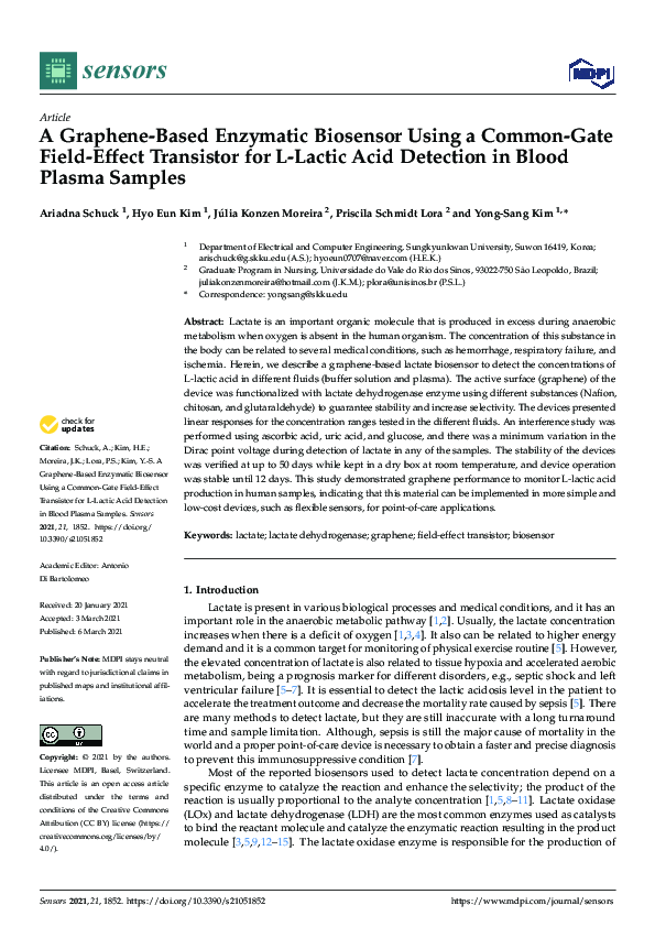 Pdf A Graphene Based Enzymatic Biosensor Using A Common Gate Field Effect Transistor For L